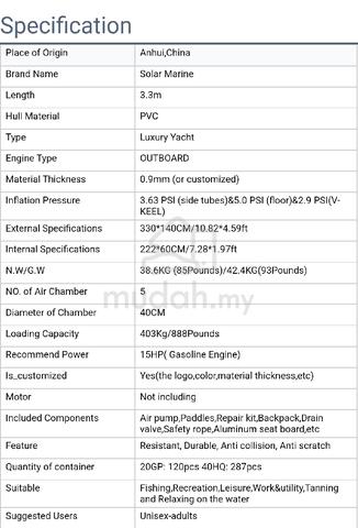 inflatable boat, ib, bot angin solar marine 3.3m - Sports & Outdoors ...